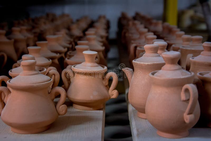 Storage of Traditional Handmade Cups of Clay in a Pottery, Crete. Stock ...