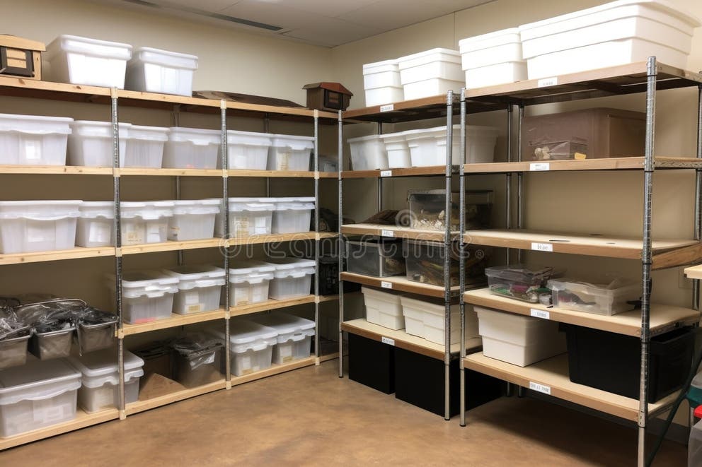 Storage Unit, with Boxes and Bins Neatly Organized on Shelves Stock ...