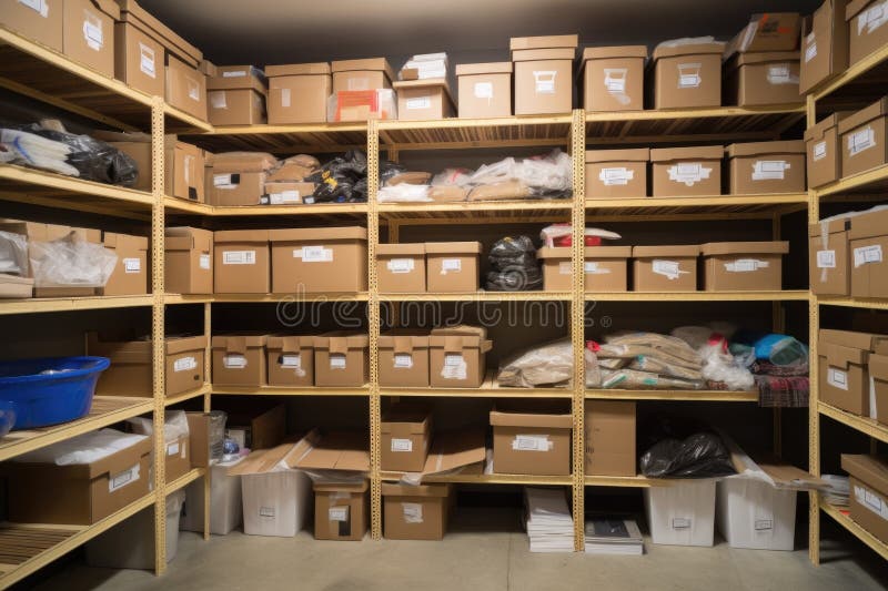 A Storage Unit Filled with Boxes, Each One Labeled and Organized Stock ...