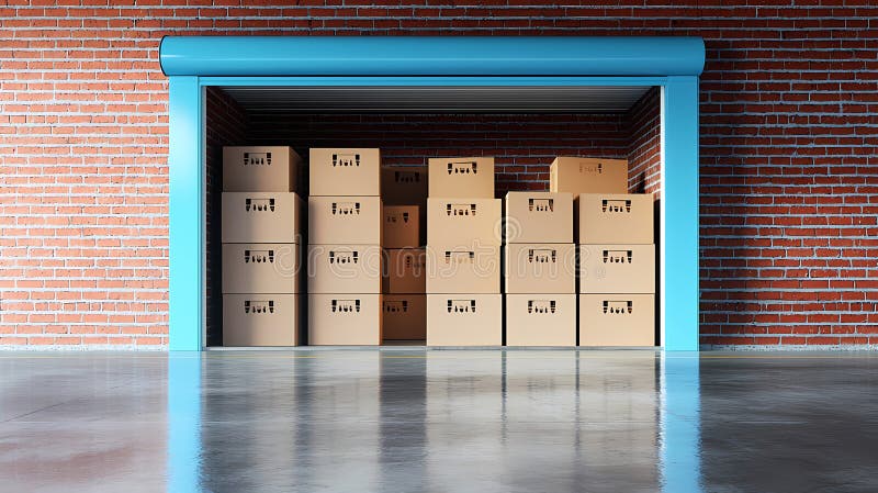 Storage Unit Full of Cardboard Boxes with Open Roller Door Stock Image ...