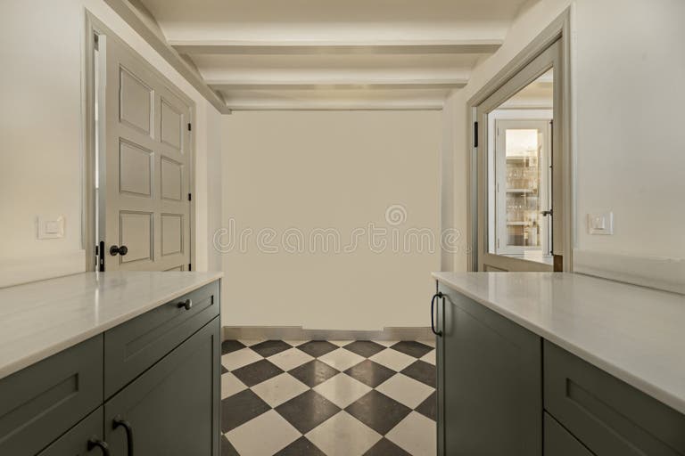 Storage and Work Area in a Kitchen with a Checkerboard Floor Stock ...