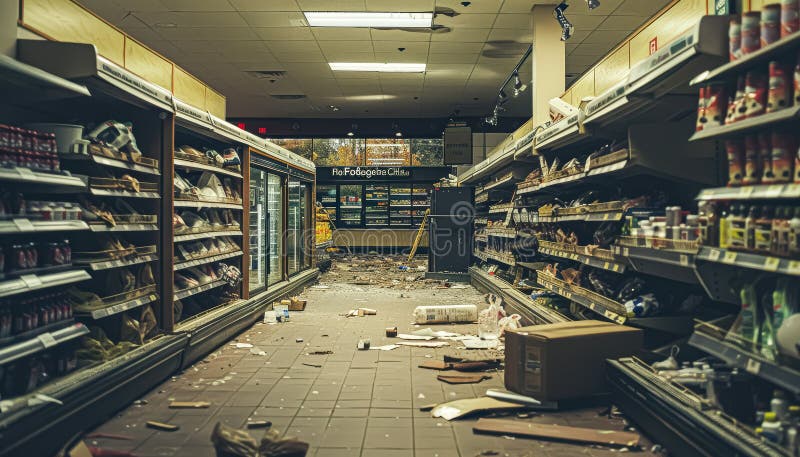 Store Aisle with a Lot of Broken Glass and Debris. Stock Illustration ...