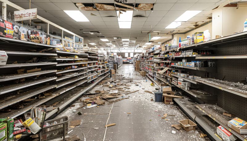 Store Aisle with a Lot of Broken Glass and Debris. Stock Illustration ...