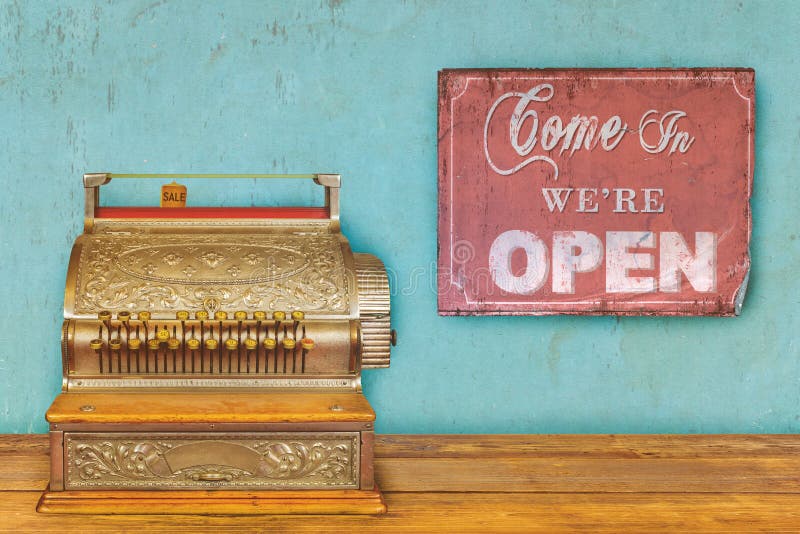 Store Concept with Cash Register and Open Sign Stock Image - Image of ...