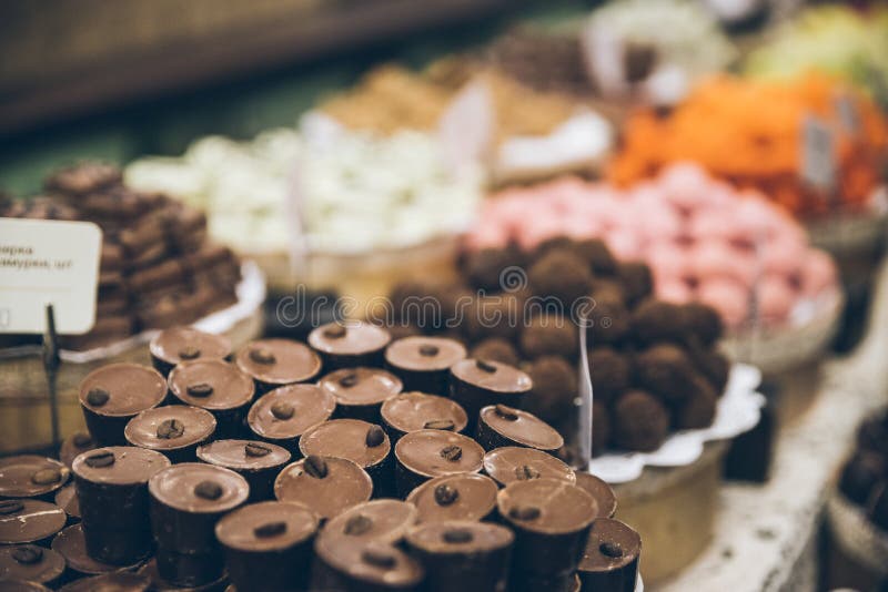 Store Counter with Chocolate Candies Stock Photo - Image of brown, dark ...