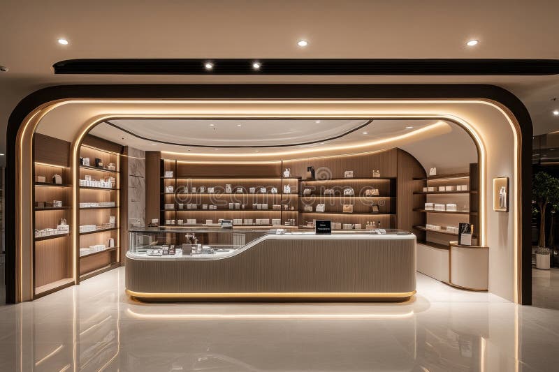 A Store with a Curved Glass Front and Shelves of Products Stock Photo ...