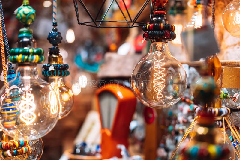 The Store is Decorated with Electric Light Bulbs Stock Photo - Image of ...