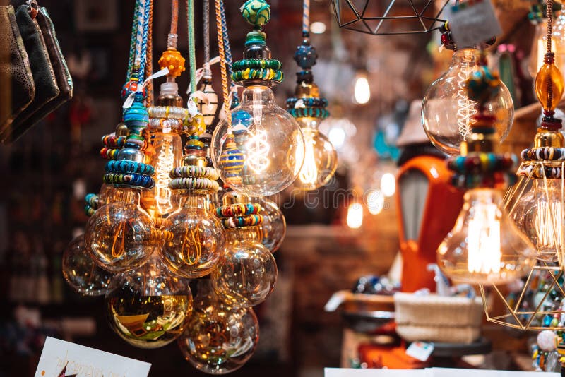 The Store is Decorated with Electric Light Bulbs Stock Image - Image of ...