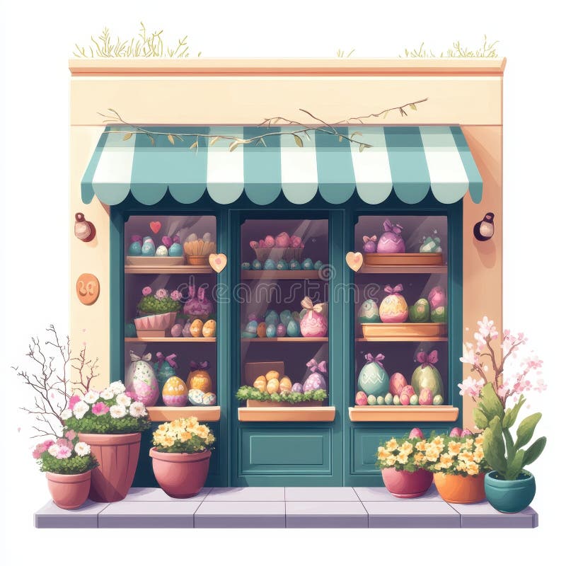 Store Display Featuring Colorful Easter Eggs and Fresh Flowers Stock ...