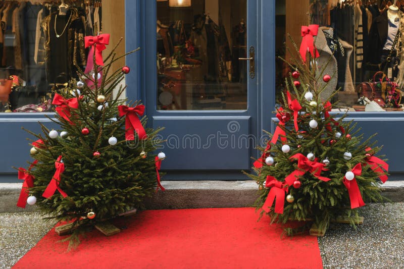 The Store Window is Decorated with Christmas Trees Stock Photo - Image ...