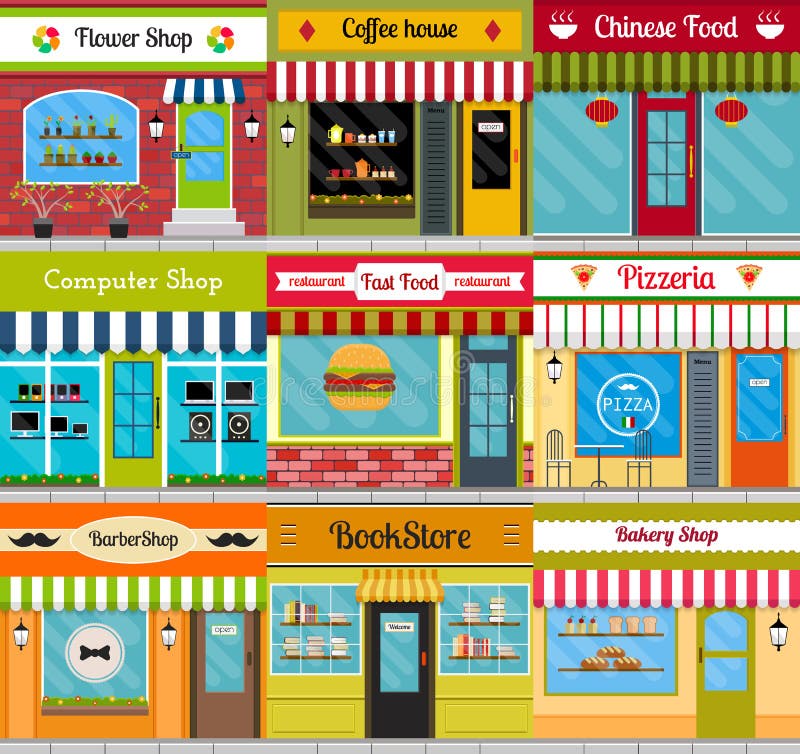 Store Fronts and Restaurant Facades Set. Stock Vector - Illustration of ...