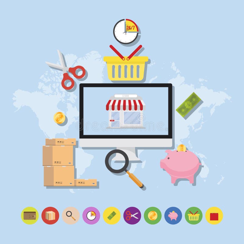 Store and Icons in Screen on World Map Background. Stock Illustration ...