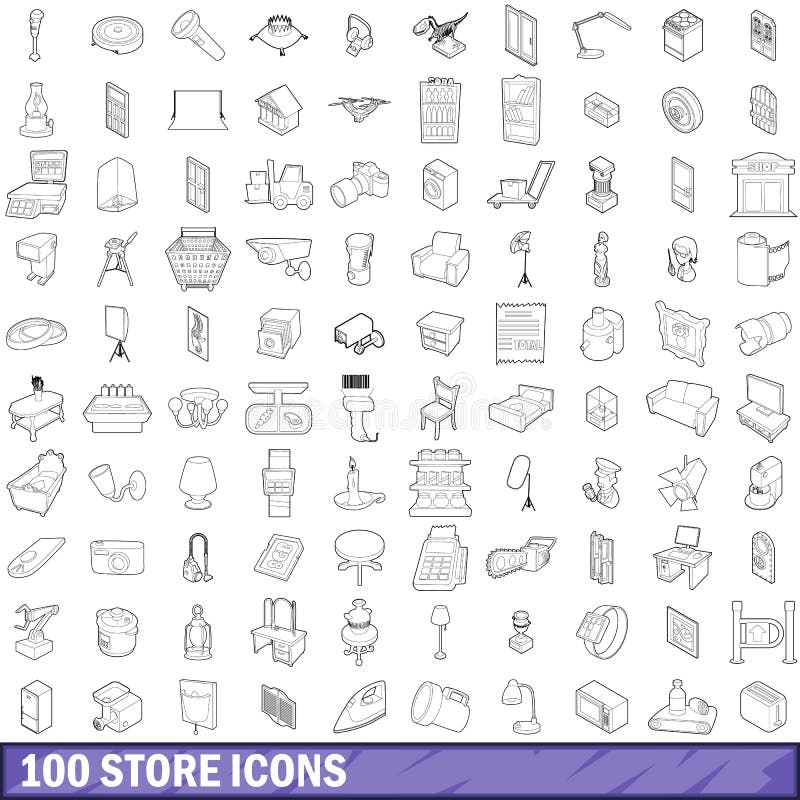 100 Store Icons Set, Outline Style Stock Vector - Illustration of ...