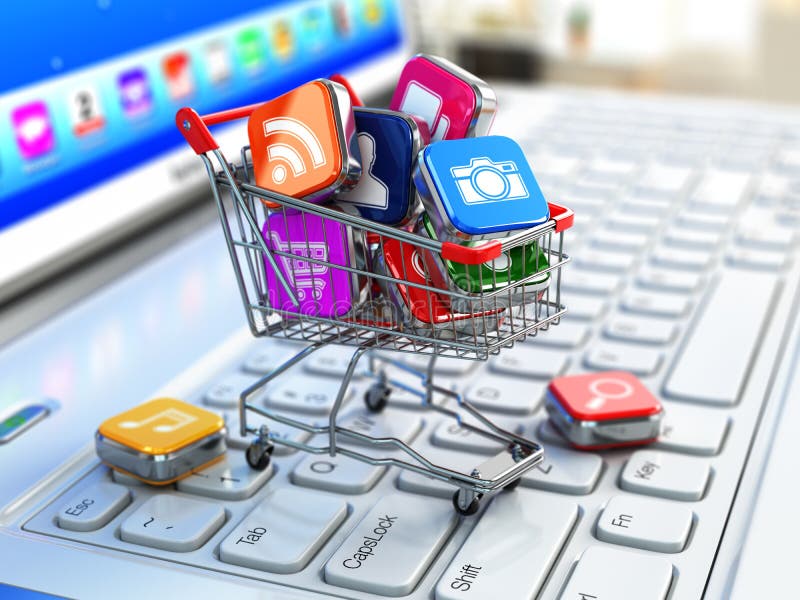 Store of Mobile Software. Smartphone Apps Icons in Shopping Cart Stock ...