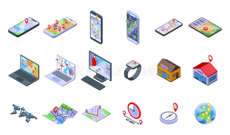 Store Locator Icons Set Isometric Vector. Office Travel Stock ...