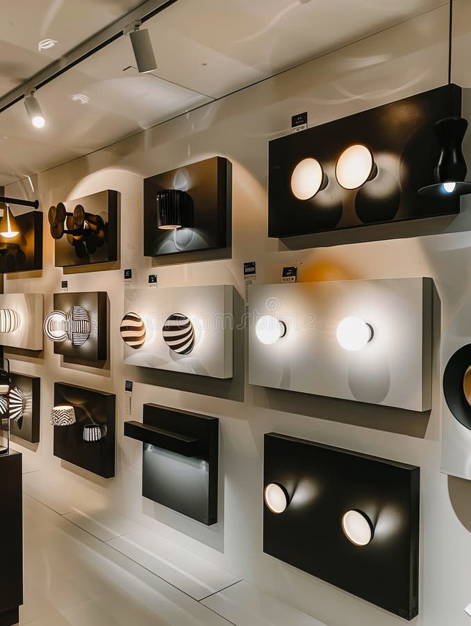A Store with Many Different Lights on the Wall Stock Photo - Image of ...