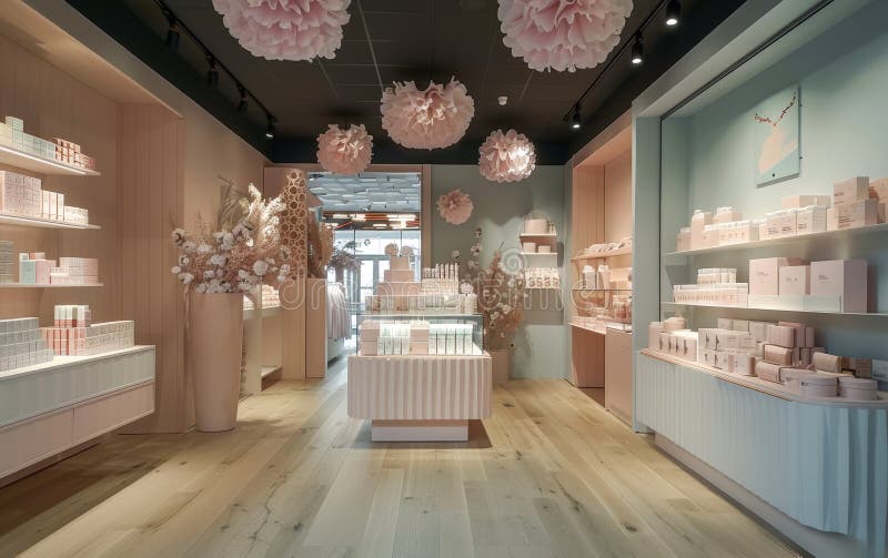 A Store with Pink and White Walls and Pink and White Shelves Stock ...