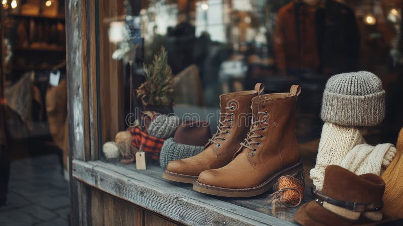 Store Window Display of Ankle Boots with Scarves and Hats, Soft ...