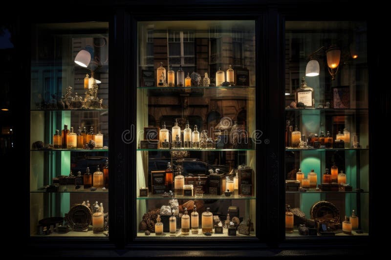 A Store Window with a Display of Product and Dramatic Lighting Stock ...