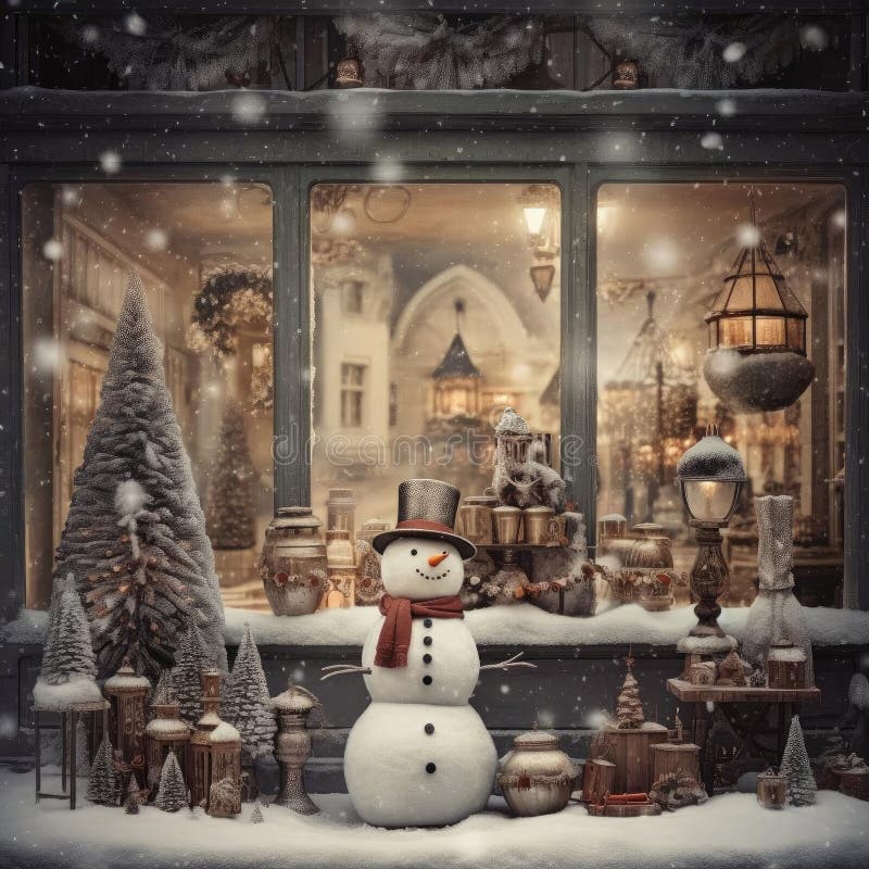 A Store Window Display of a Winter Scene with a Snowman and a Village ...