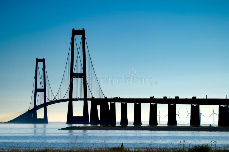 Storebaelt Bridge, Denmark at Sunset Stock Photo - Image of cable ...