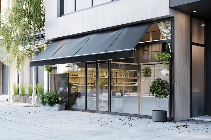 A Storefront with a Black Awning and a Planter on the Sidewalk Stock ...