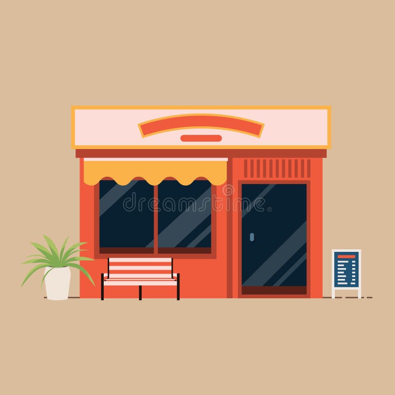 Storefront Cafe Flat Vector. Building Faces a Street with a Bench ...