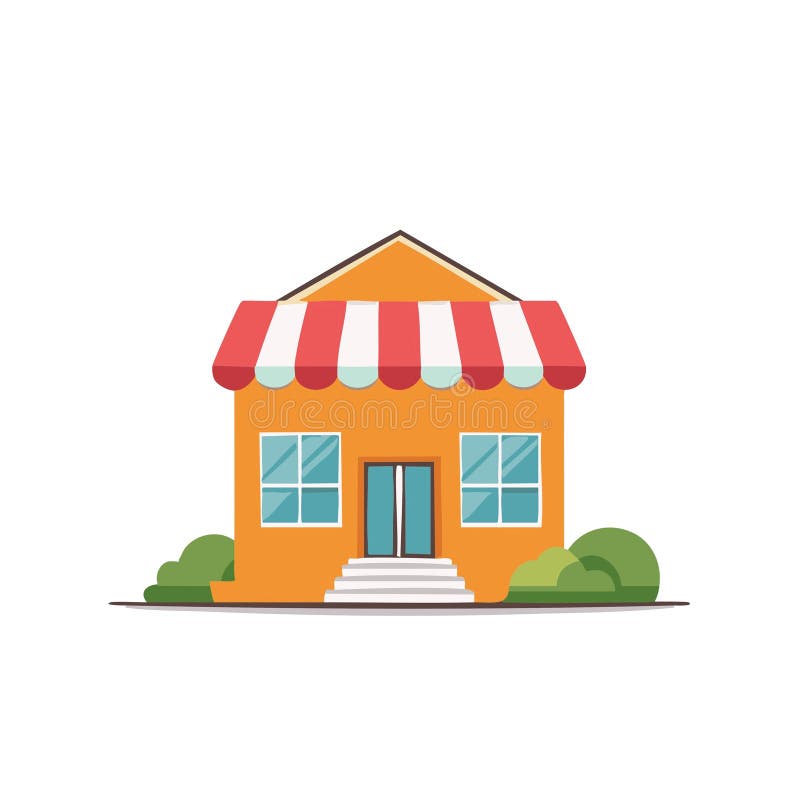 Storefront Facade with Awning, Stairs, Windows, Doors, Shrubs, and ...