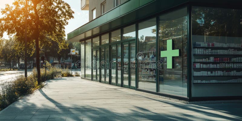 A Storefront with a Green Cross Symbolizing Healthcare Services Stock ...