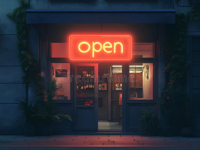Storefront at Night, "open" Sign Illuminated Stock Illustration ...