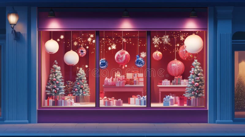 Storefront Window Display with Christmas Decorations and Gifts Stock ...