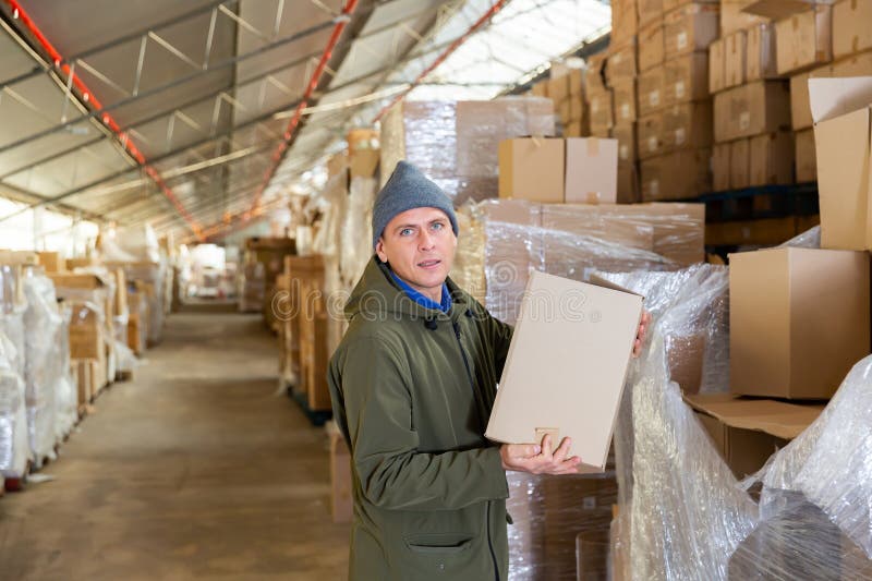 Storekeeper Stacking Pasteboard Box in Storehouse Stock Image - Image ...