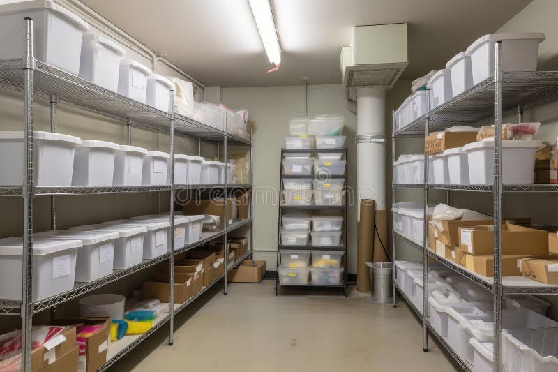 Storeroom, with Bins and Shelves Organized by Type of Document Stock ...
