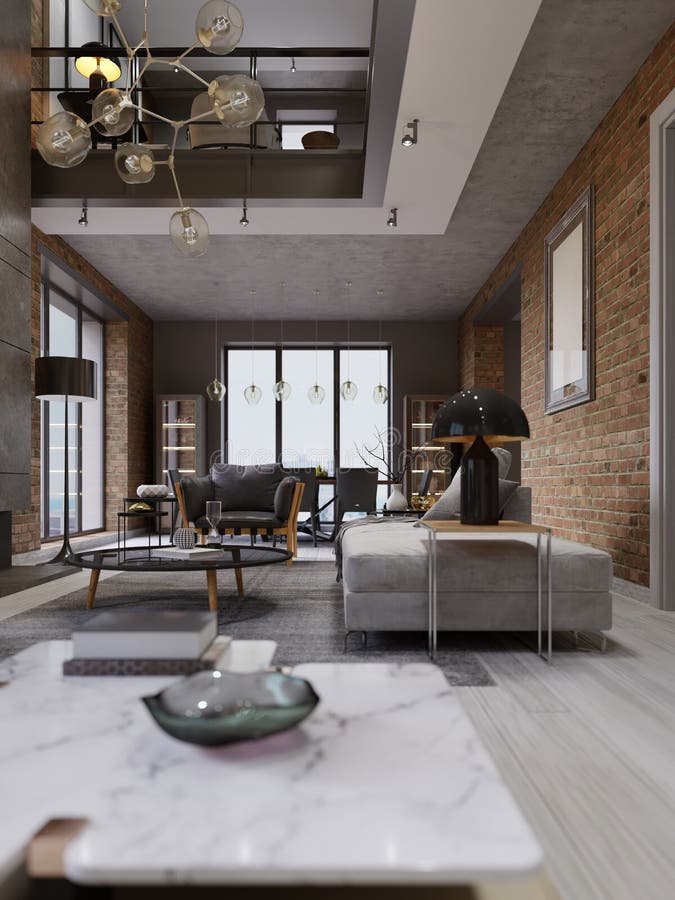Storied Loft Two-level Apartment with Couch, Dining Table and Library ...