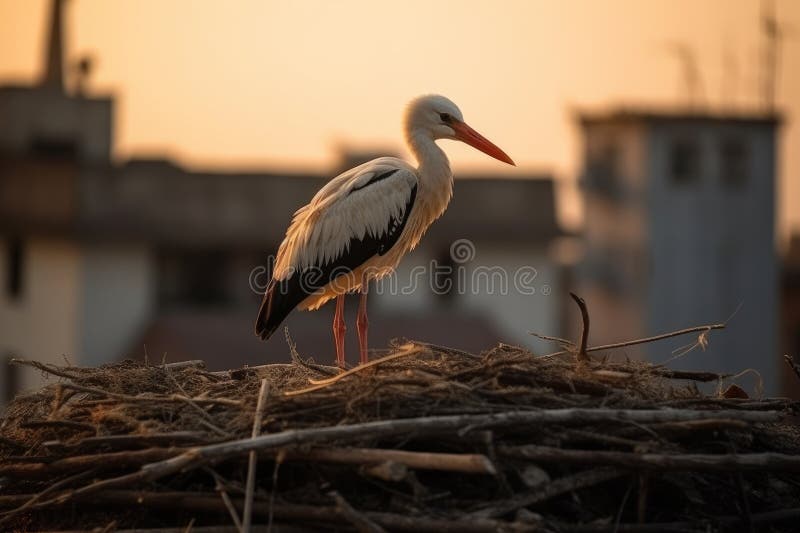 Stork Bird Nesting on a Rooftop. Generative AI Stock Illustration ...