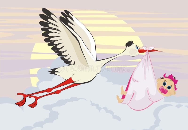 Stork delivering baby. stock vector. Illustration of cartoon - 9771924