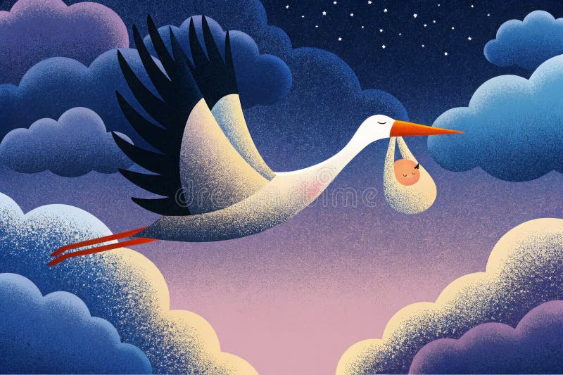 Stork Flying at Night with Baby Bundle Amidst Clouds Stock Illustration ...
