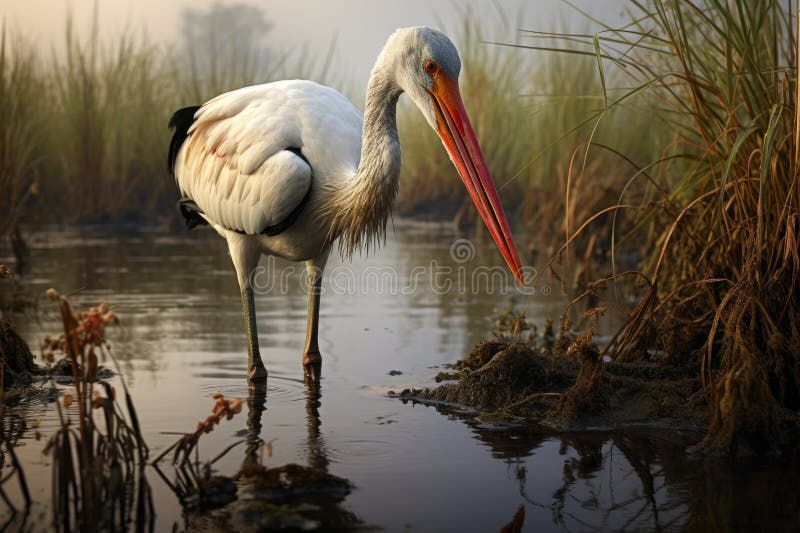 A Stork Standing in a Marsh, Fish Wriggling in Its Beak Stock Photo ...