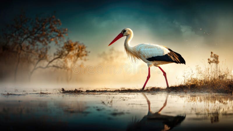 Stork in Tranquil Wetland at Dusk with Golden Light and Reflective ...