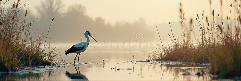 Stork Wading in Serene Misty Wetlands at Sunrise Stock Photo - Image of ...