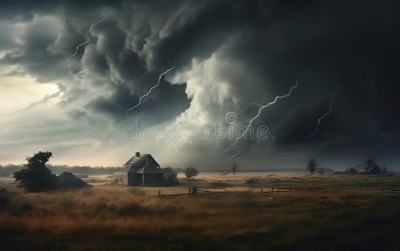 Storm Approach House in Field with Distant Tornado. Generative AI Stock ...