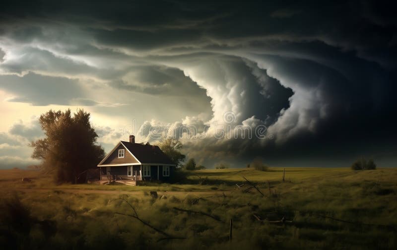 Storm Approach House in Field with Distant Tornado. Generative AI Stock ...