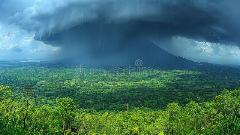 Storm Approaching Lush Green Valley and Distant Volcano Stock ...