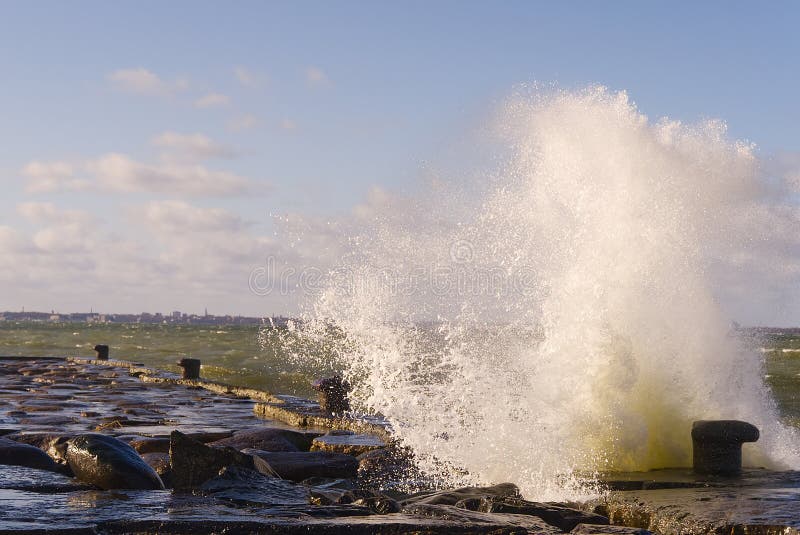 Storm at Baltic Sea. Big Waves Over Berth Stock Photo - Image of ...
