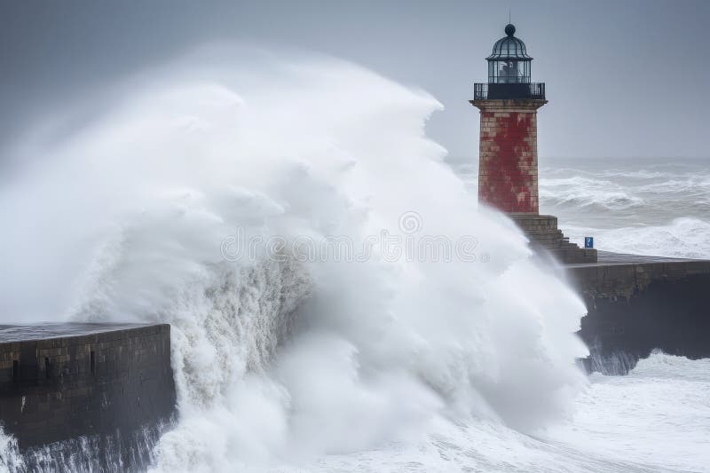 Storm with Big Waves Over the Lighthouse. Stock Photo - Image of color, pier: 350407548