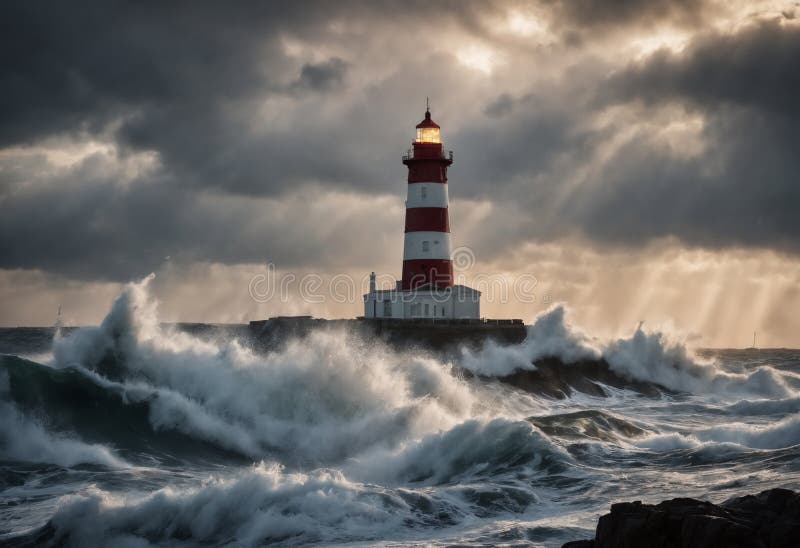 Storm with Big Waves Over the Lighthouse at the Ocean. Generative AI Stock Illustration ...