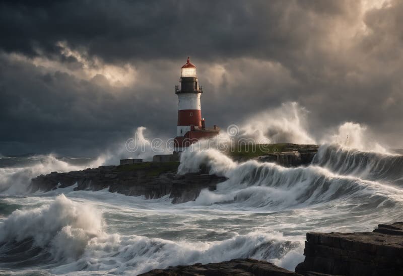 Storm with Big Waves Over the Lighthouse at the Ocean. Generative AI Stock Illustration ...