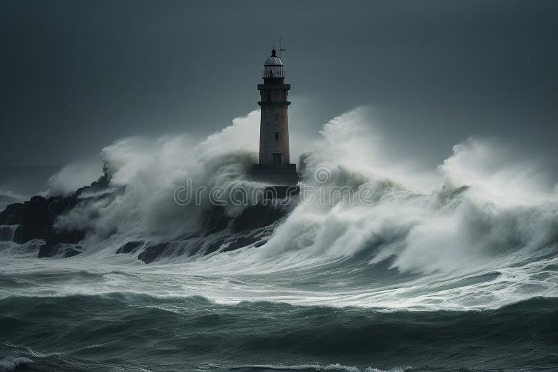 Storm with Big Waves Over the Lighthouse at the Ocean Created by ...