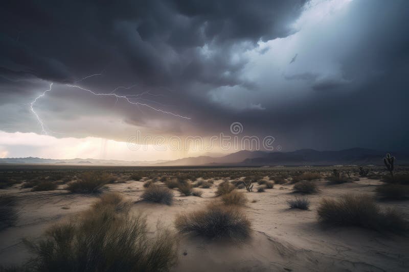 Storm Brewing Over Desert, with Dramatic Lightning Strikes and Roiling ...