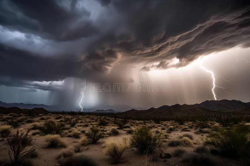 Storm Brews in the Desert, with Dramatic Lightning Strikes and Rolling ...